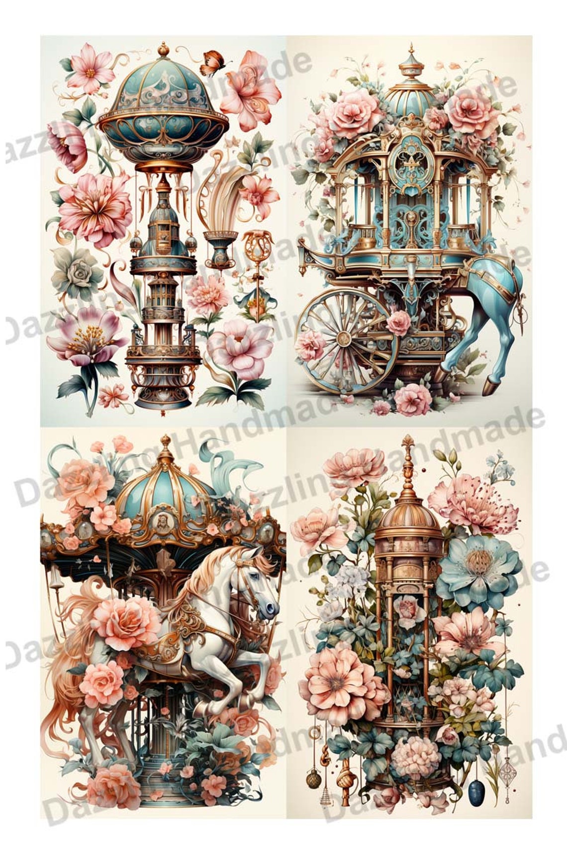 Shabby Chic Carousel Flowers Printable Ephemera Watercolor Clipart 20 ...