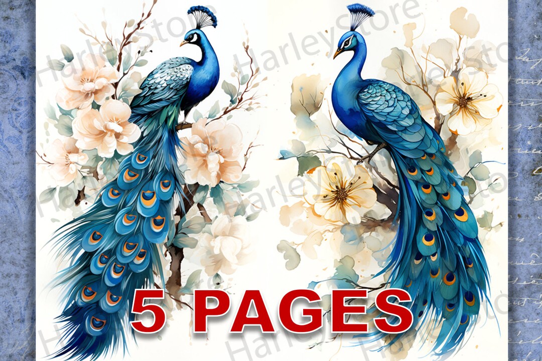 Peacock and Flowers Printable Ephemera Watercolor Clipart 20 JPG ...