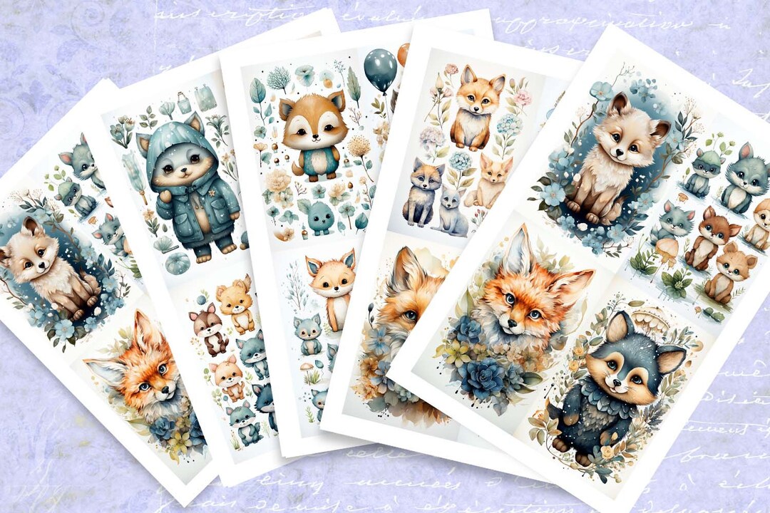 Cute Baby Animals Fox Wolf Printable Ephemera Watercolor Clipart 20 JPG ...