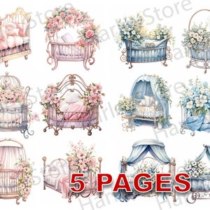 Baby Crib and Flowers Dreams Printable Ephemera Clipart JPG Commercial ...