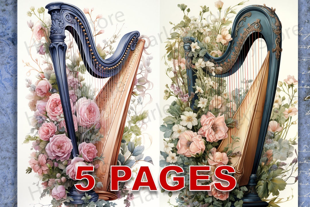 Harp & Flower Fairytale Printable Ephemera Watercolor Clipart 20 JPG ...