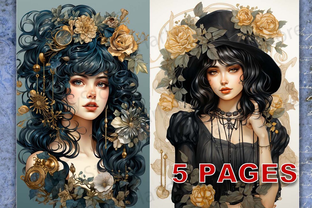 Beautiful Brunette Girls Printable Ephemera Watercolor Clipart 20 JPG ...