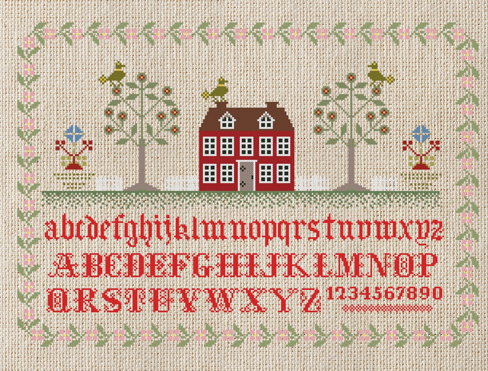 Cute Little Red House Sampler Counted Cross Stitch Chart PDF Instant ...