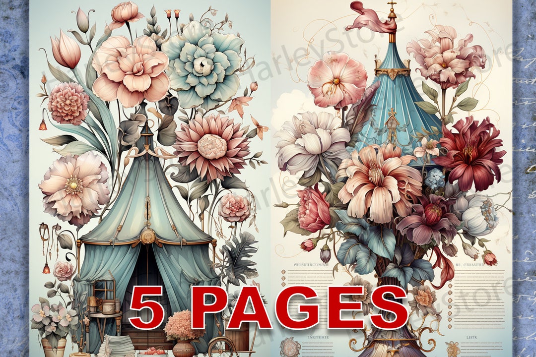 Victorian Circus Flowers and Balloons Printable Ephemera Watercolor ...
