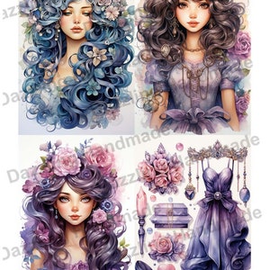 Princess in Beautiful Dress Printable Ephemera Watercolor Clipart 20 ...