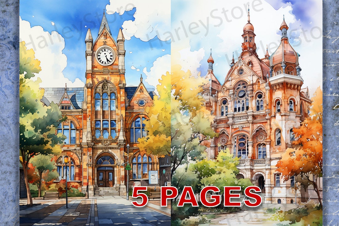 European Town Postcard Printable Ephemera Watercolor Clipart JPG ...
