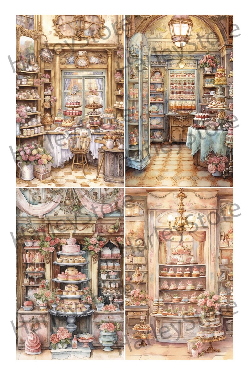 Victorian Cake Shop Interior Printable Ephemera Watercolor JPG Elements ...