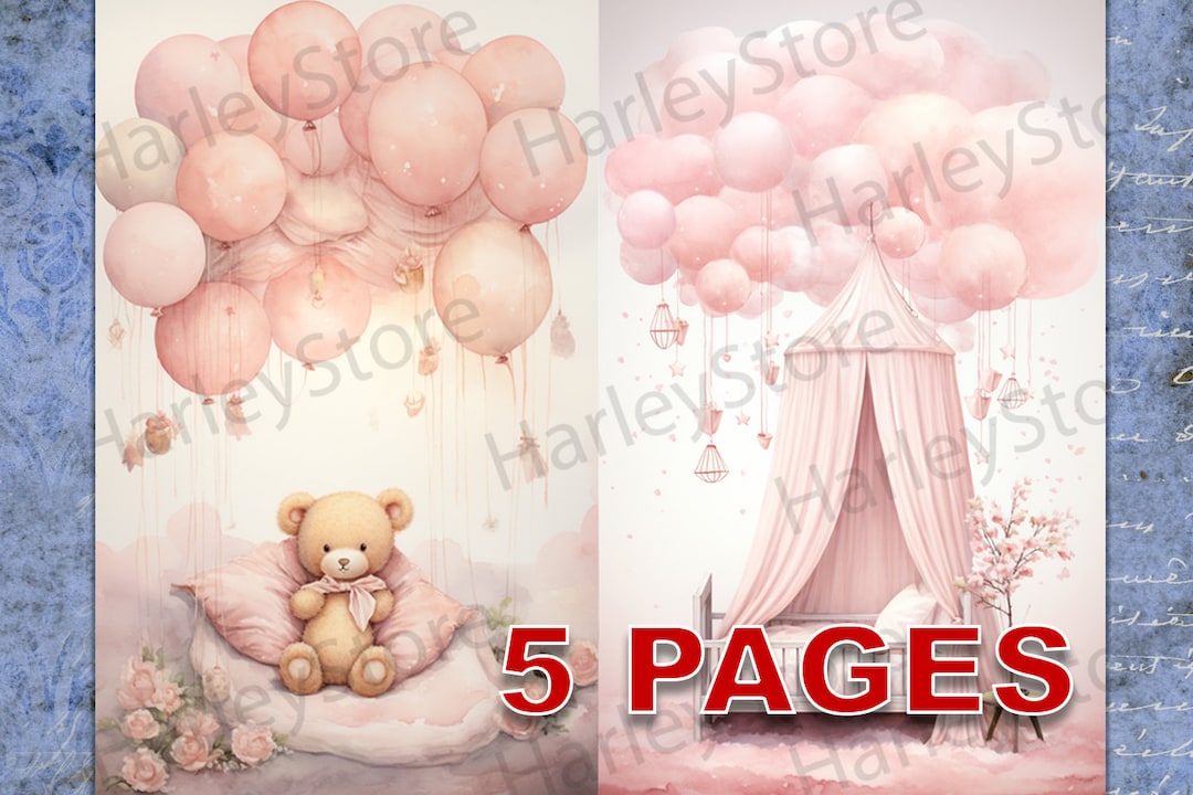 Pink Baby Nursery Poster Printable Ephemera Clipart 20 JPG Elements ...