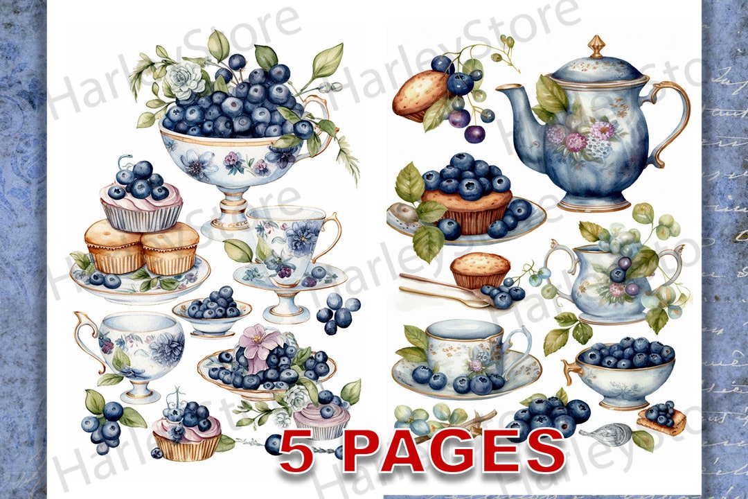 Blueberry and Cake Printable Ephemera Watercolor JPG Elements ...