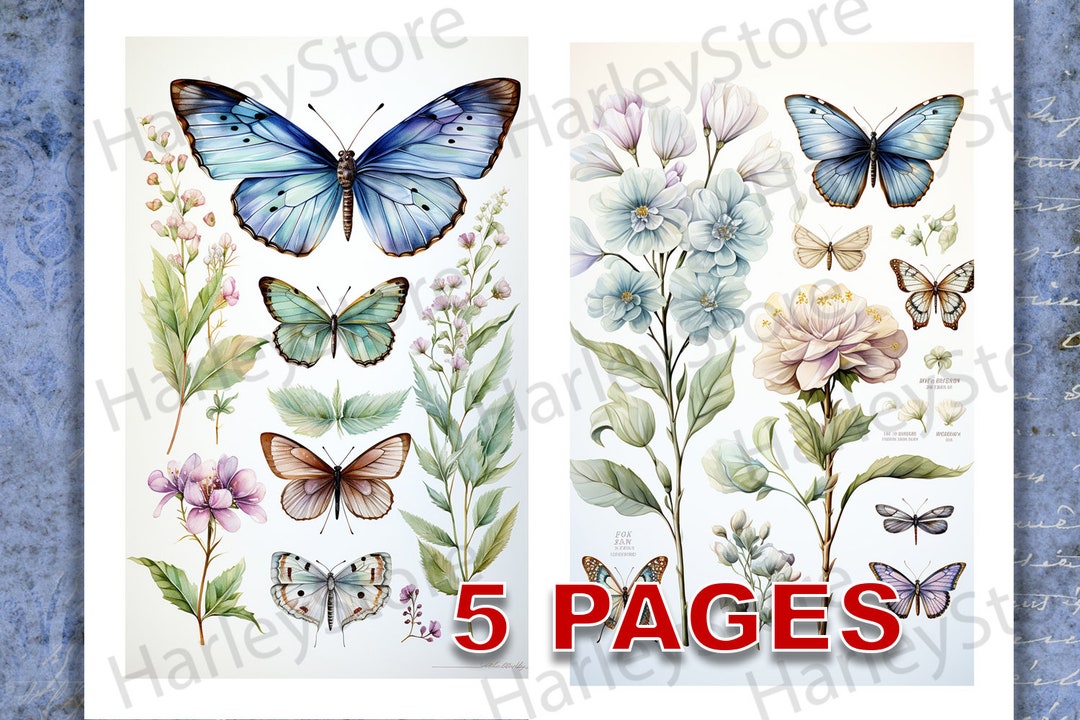 Butterfly and Flowers Printable Ephemera Watercolor Clipart JPG ...