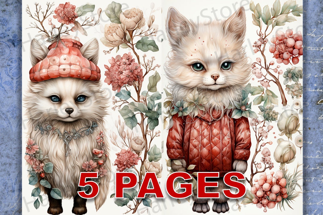 Cute Red Hat Fox Printable Ephemera Watercolor Clipart 20 JPG Elements ...