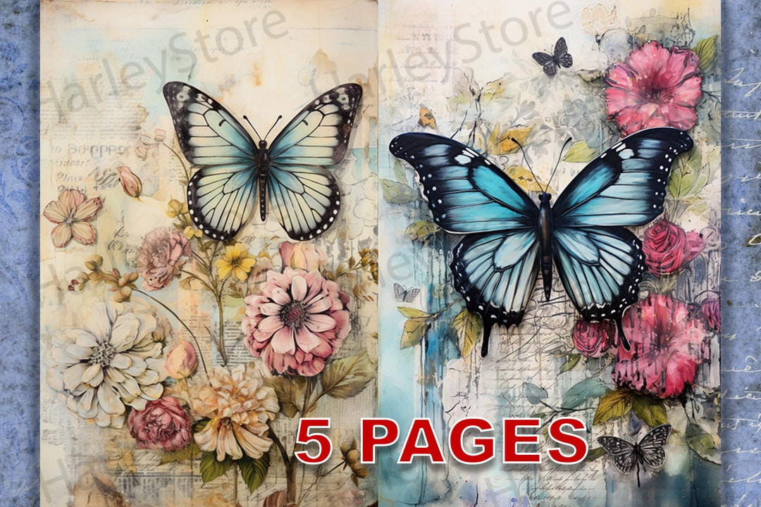 Butterfly and Flowers Printable Ephemera Watercolor Clipart JPG ...