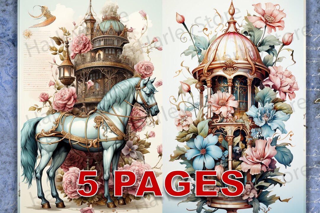 Shabby Chic Carousel Flowers Printable Ephemera Watercolor Clipart 20 ...