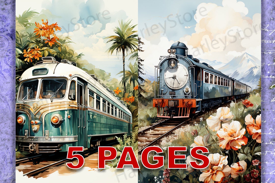 Retro Train and Tram Ephemera Junk Journal Watercolor Clipart 20JPG ...