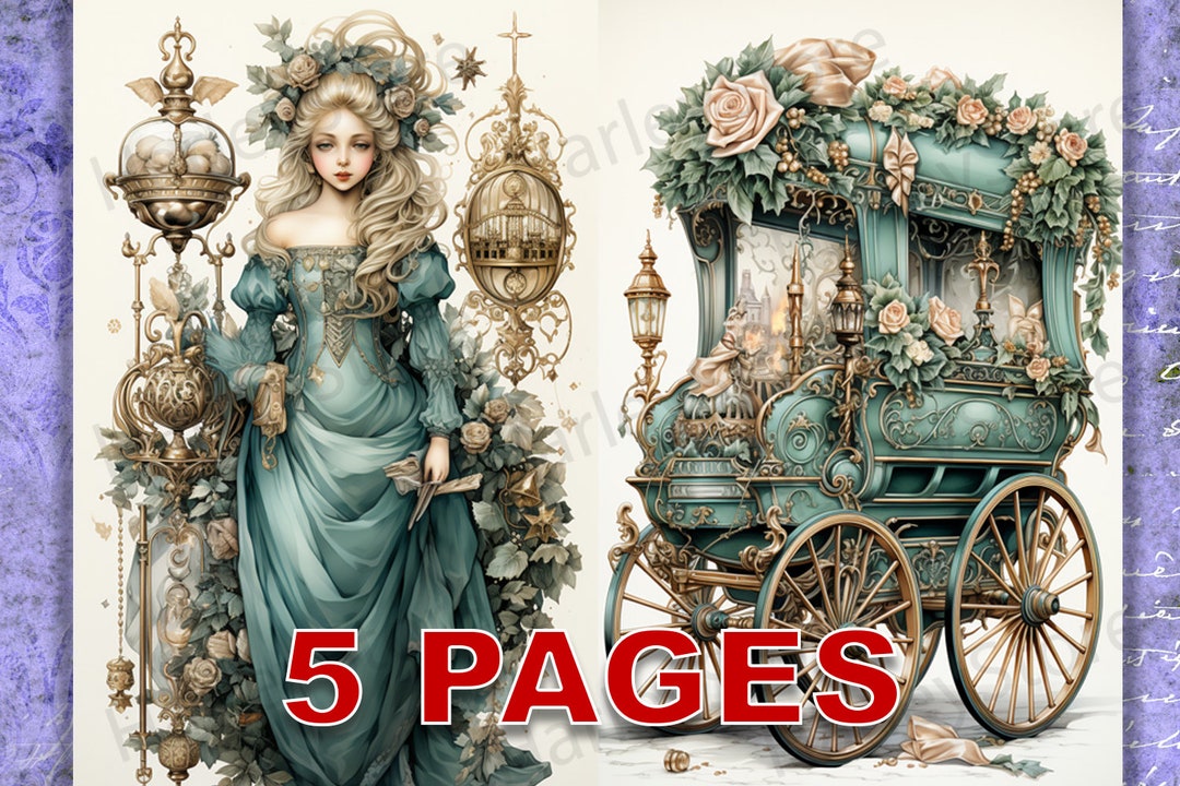Renaissance Girl and Carriage Printable Ephemera Watercolor Clipart 20 ...