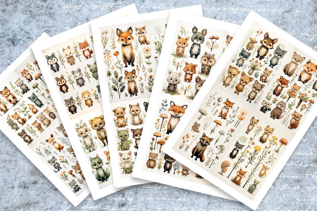 Cute Baby Animals Fox Wolf Printable Ephemera Watercolor Clipart 20 JPG ...