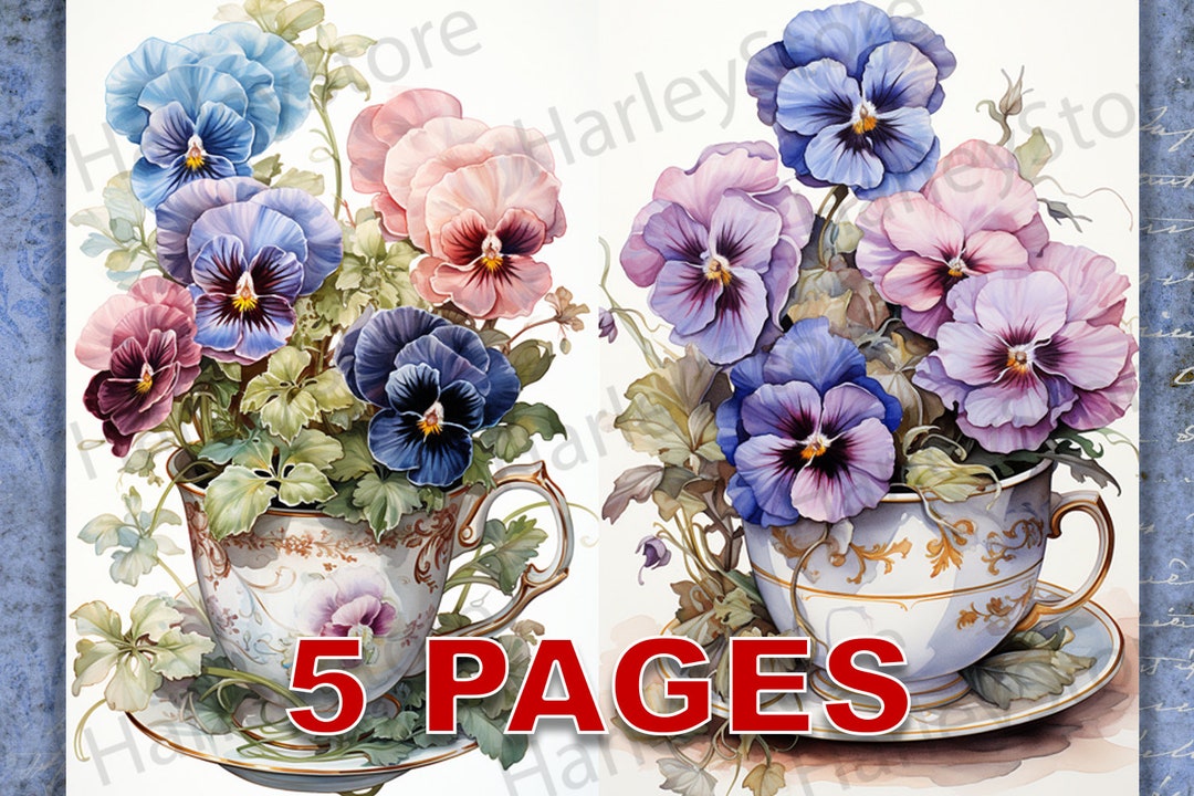 Victorian Pansy Flowers in Tea Cup Ephemera Junk Journal Watercolor ...