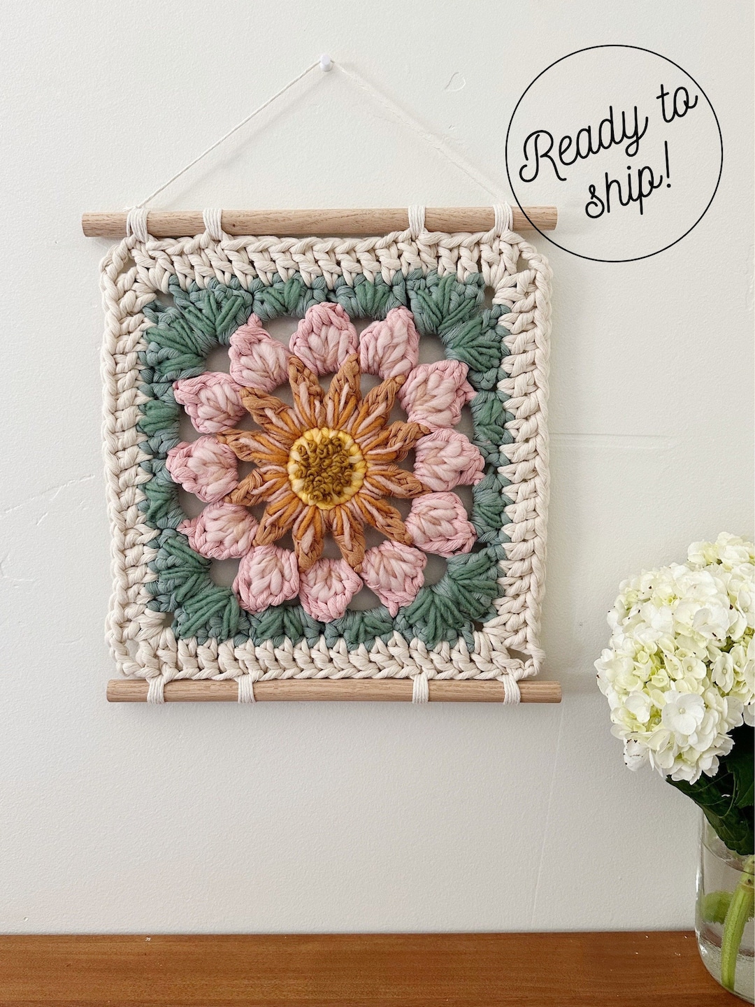 Blush Pink, Orange & Seafoam Embroidered Floral Granny Square Wall ...