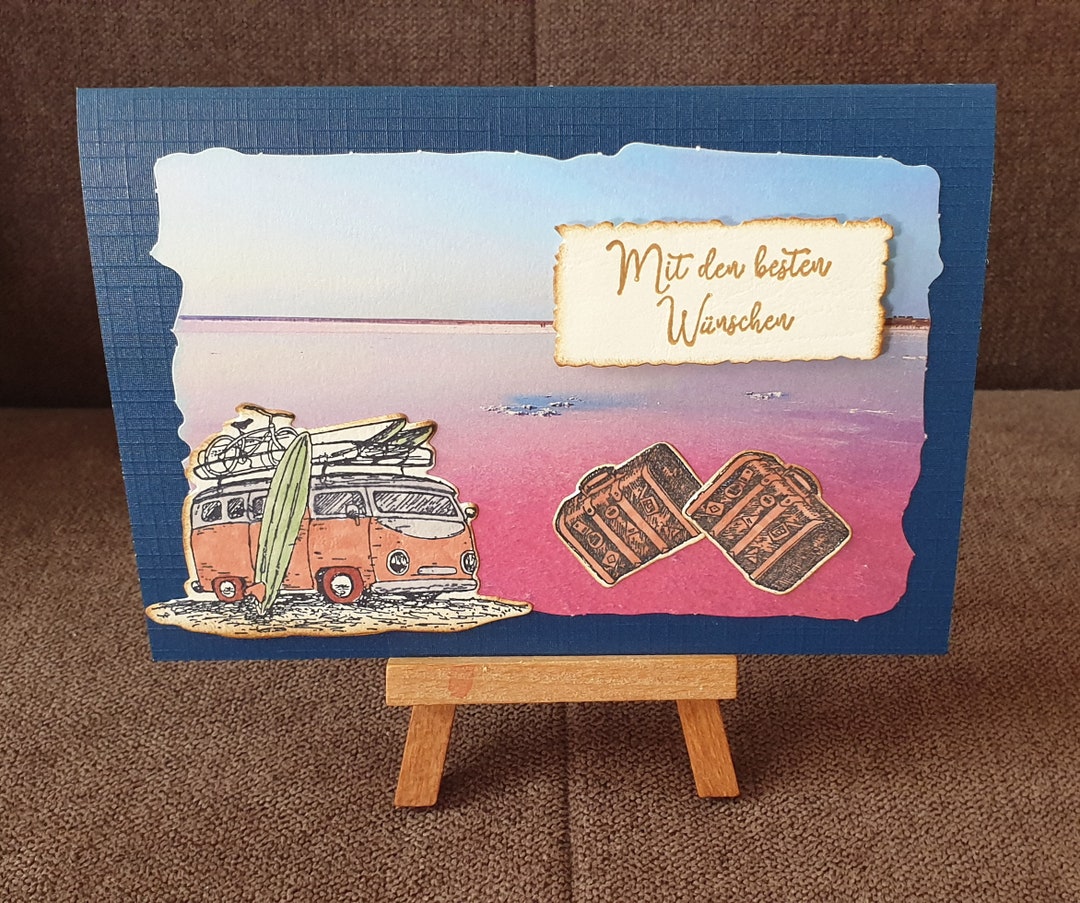 Geburtstagskarte " Mit besten Wünschen " Surferbus , Koffer ...