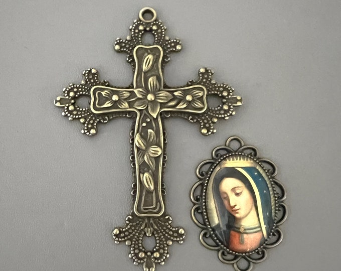 LARGE Floral Rosary Cross & Lady of Guadalupe Rosary Centerpiece ...