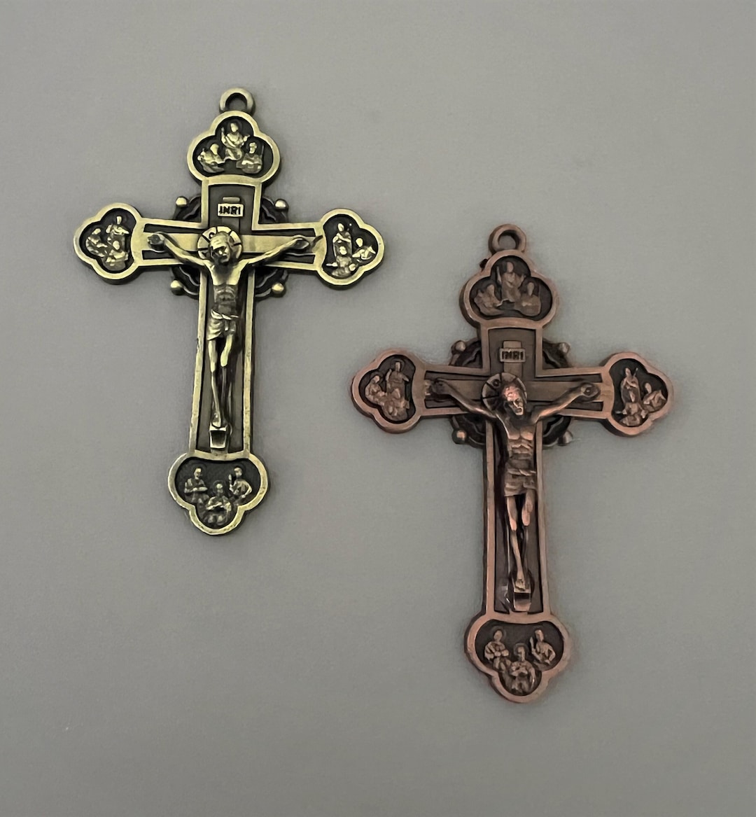 APOSTLES Copper Rosary Crucifix / Heavy 3" Large Bronze Crucifix Cross ...