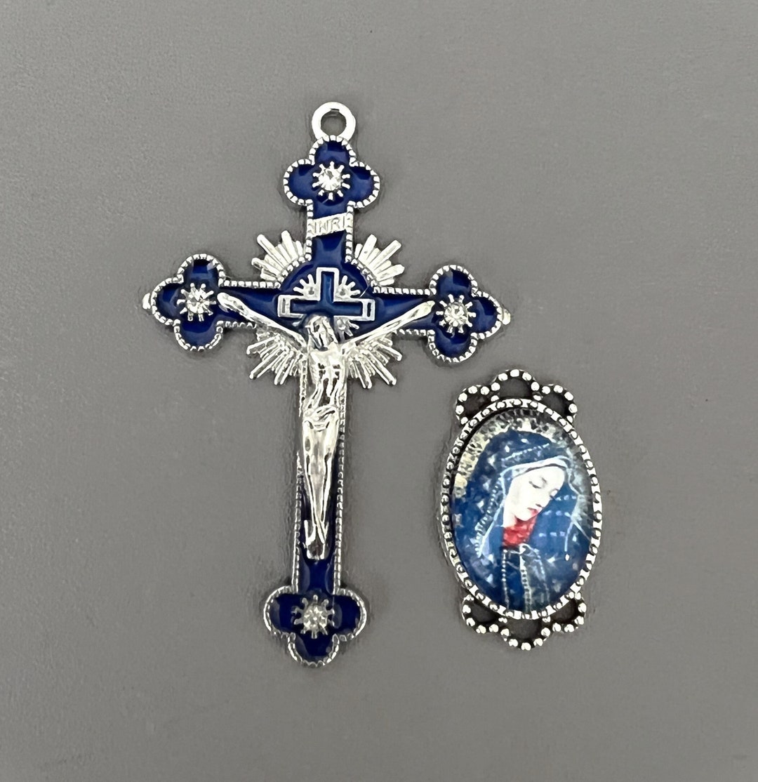 Rhinestone BLUE Rosary Crucifix & Lady of SORROW Rosary Centerpiece / 2 ...