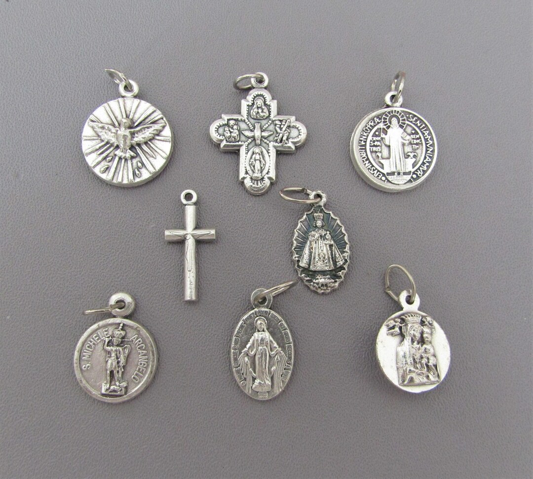 8 SILVER Holy Medals Charms / Miraculous Medal / Saint Benedict St ...