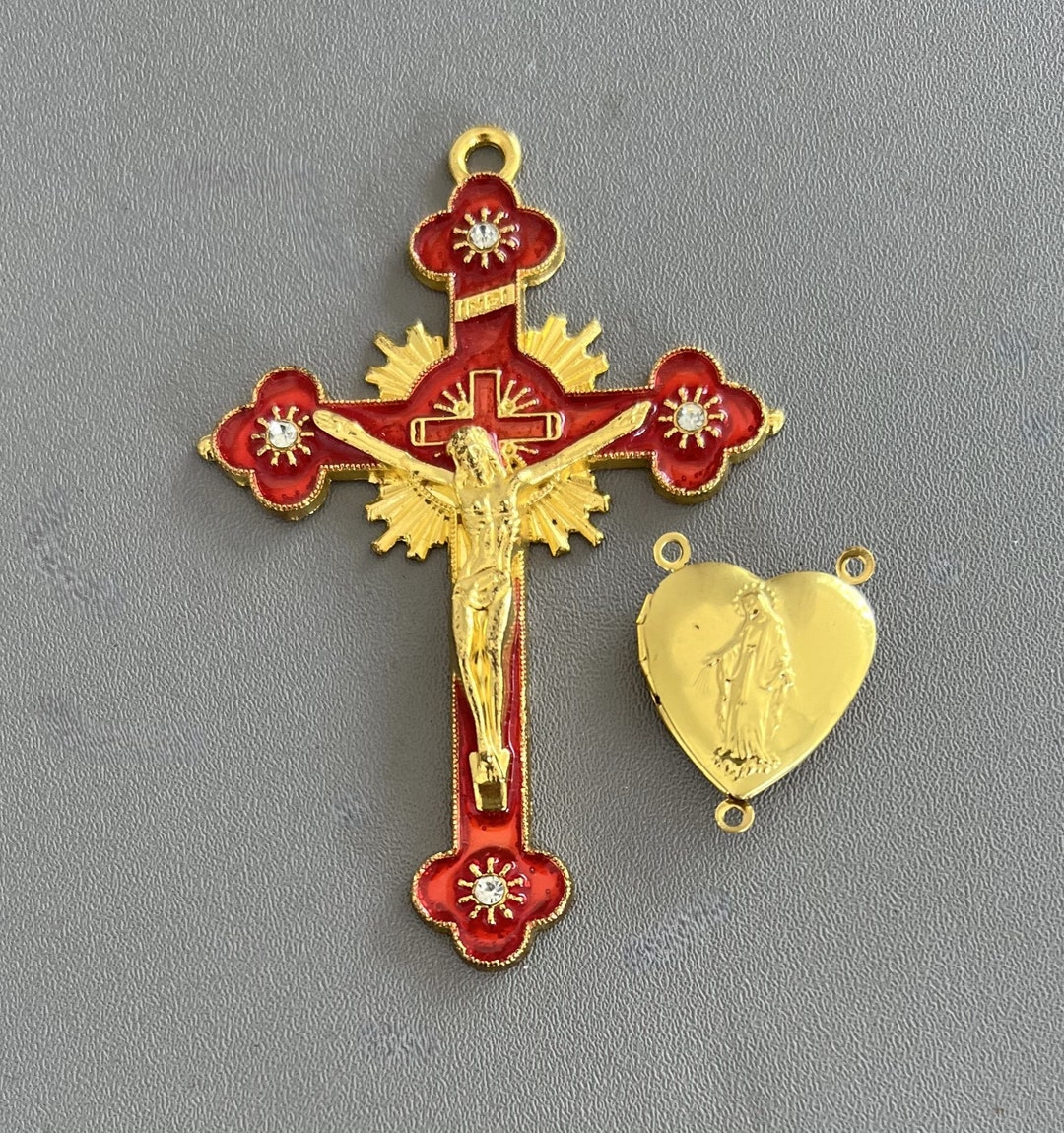 LOCKET Rosary Centerpiece & RED Crucifix / 2.75" Gold Rhinestone ...