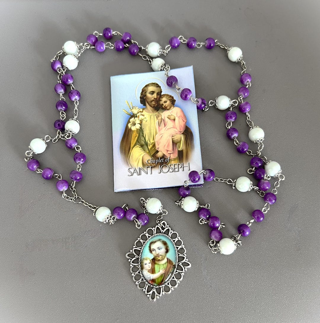 Saint JOSEPH Chaplet / Rosary Chaplet 8mm Purple & White GLASS Bead St ...