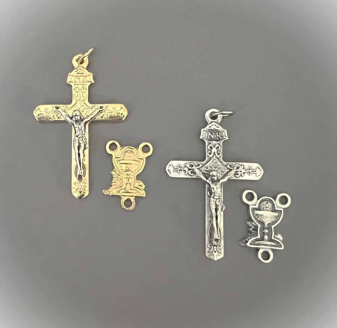 DELUXE First Holy Communion Rosary Set / Silver Chalice Center & Heavy ...