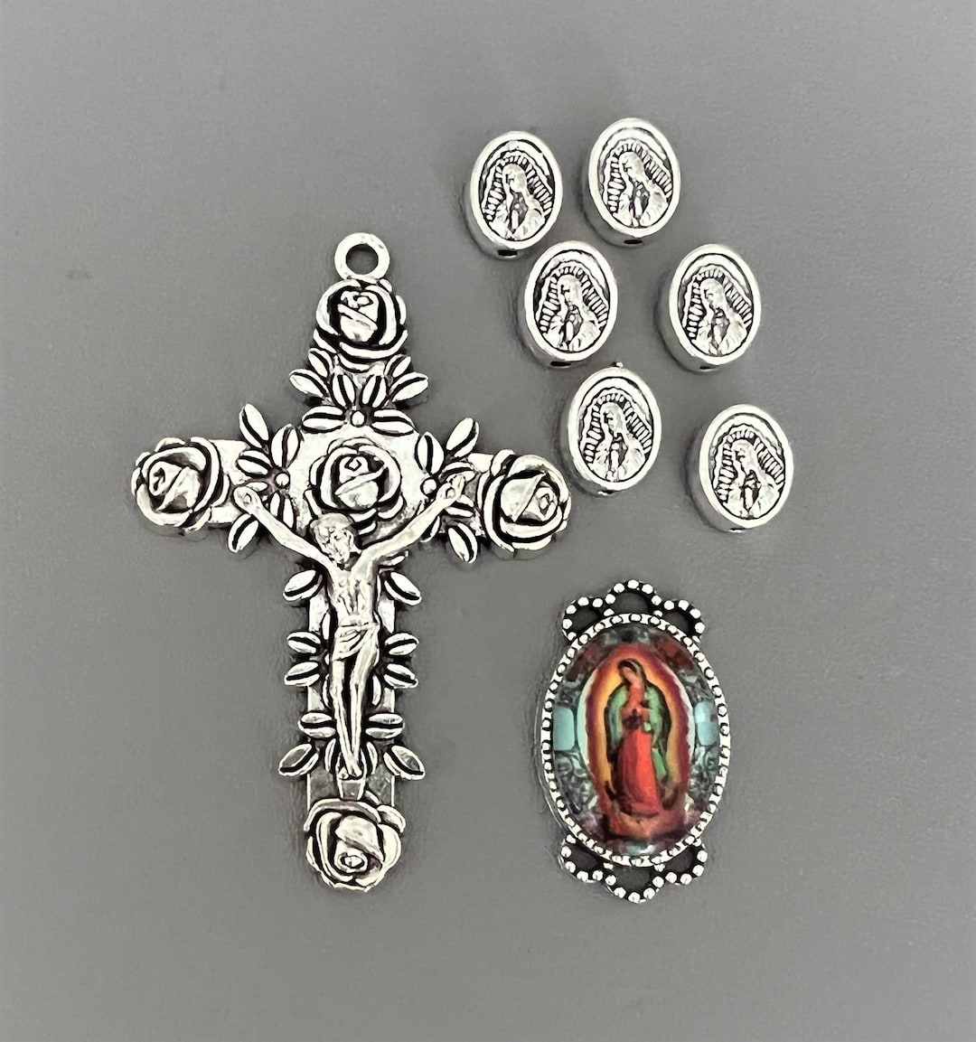 ROSE Silver Lady of GUADALUPE Rosary Centerpiece Rosary Crucifix ~ 8pc ...