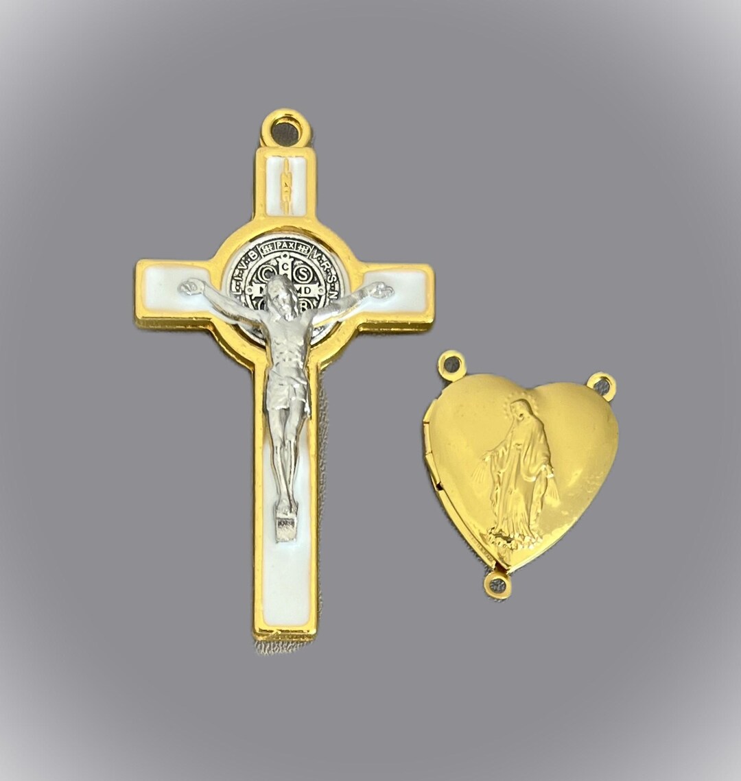 LOCKET Rosary Centerpiece & WHITE Saint Benedict Crucifix / 2" Gold St ...