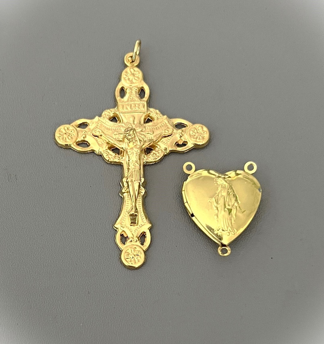 LOCKET Rosary Centerpiece & DELUXE Crucifix / 2" Gold Crucifix ...