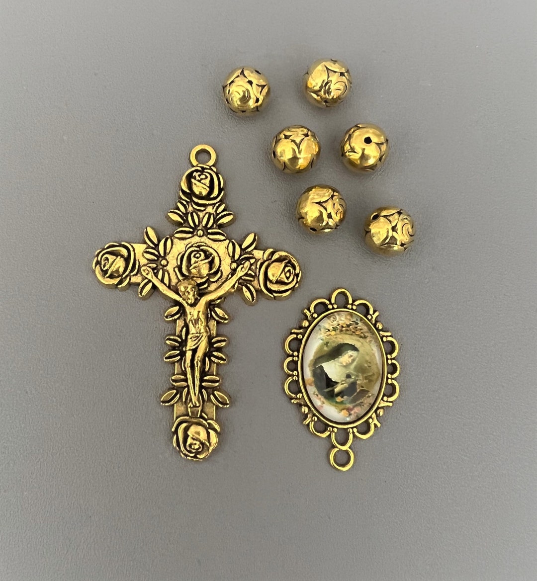 Gold ROSE Crucifix & Saint RITA Rosary Centerpiece ~ 8pc Rosary Set ...