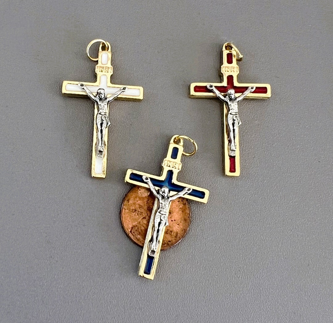 ITALY Small Red Gold Plate Crucifix / Blue Rosary Crucifix / 1.5" White ...