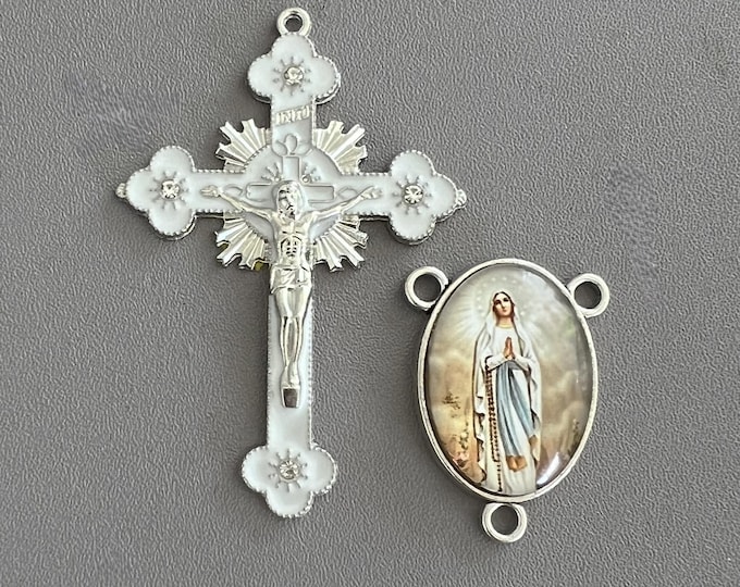 RHINESTONE White & Virgin Mary Rosary Set / Silver Blessed Mother ...