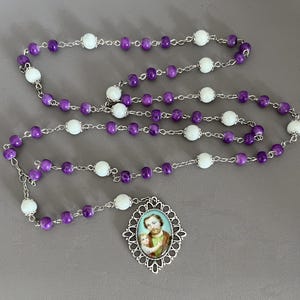 Saint JOSEPH Chaplet / Rosary Chaplet 8mm Purple & White GLASS Bead St ...