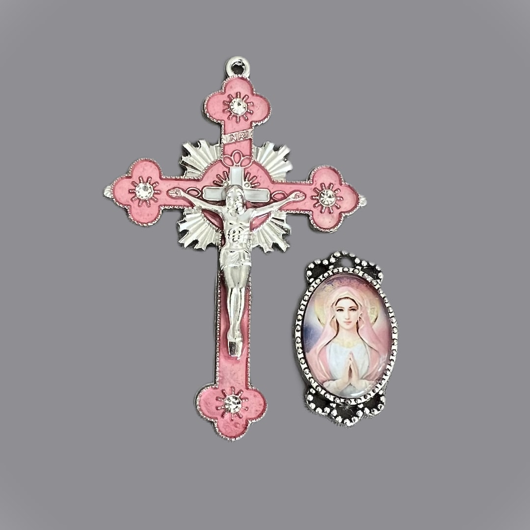 Rhinestone Light PINK Rosary Crucifix & Virgin Mary Rosary Centerpiece ...
