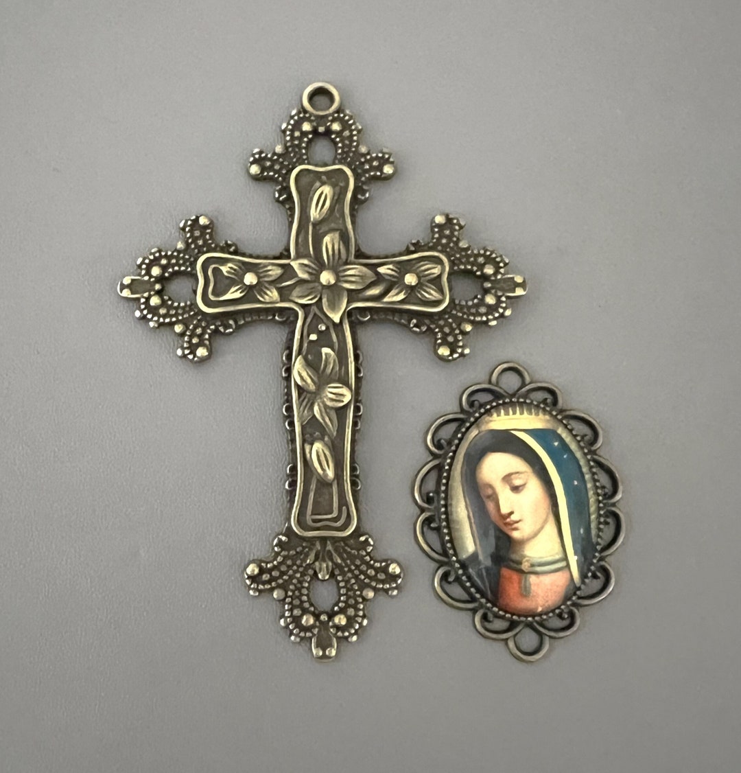 LARGE Floral Rosary Cross & Lady of Guadalupe Rosary Centerpiece ...