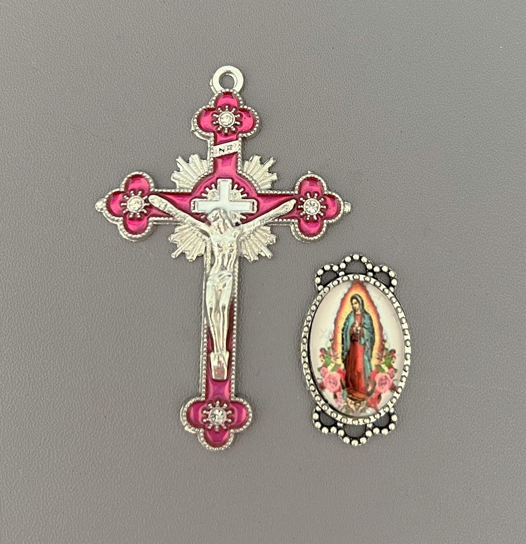 Rhinestone PINK Rosary Crucifix & Lady of GUADALUPE Rosary Centerpiece ...