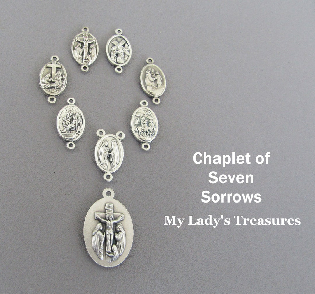 Italy 8pc SET Seven Sorrows of Mary Rosary Chaplet Medals/ SILVER Setti ...