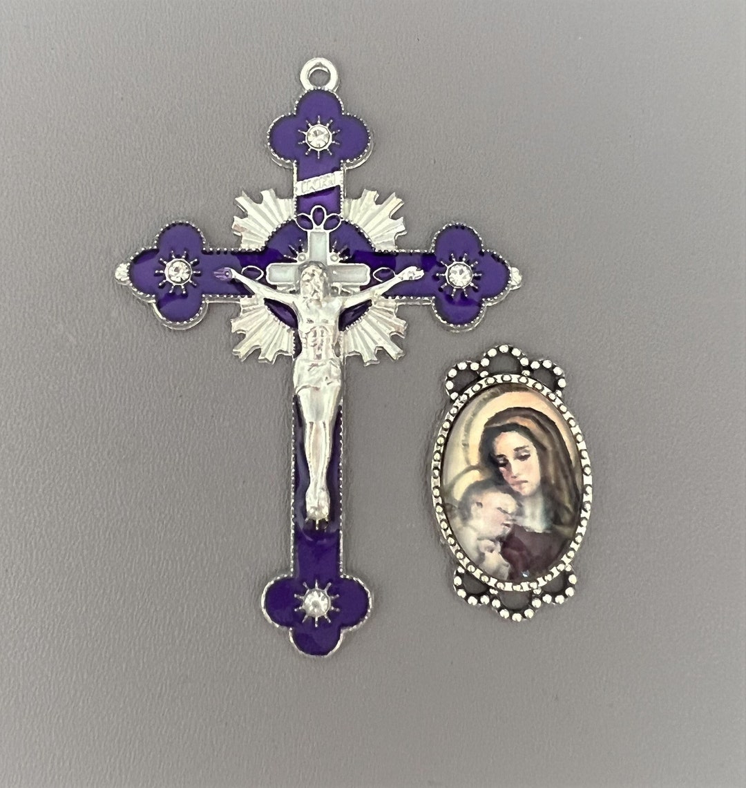 Rhinestone PURPLE Rosary Crucifix & Madonna W/ Child Rosary Centerpiece ...