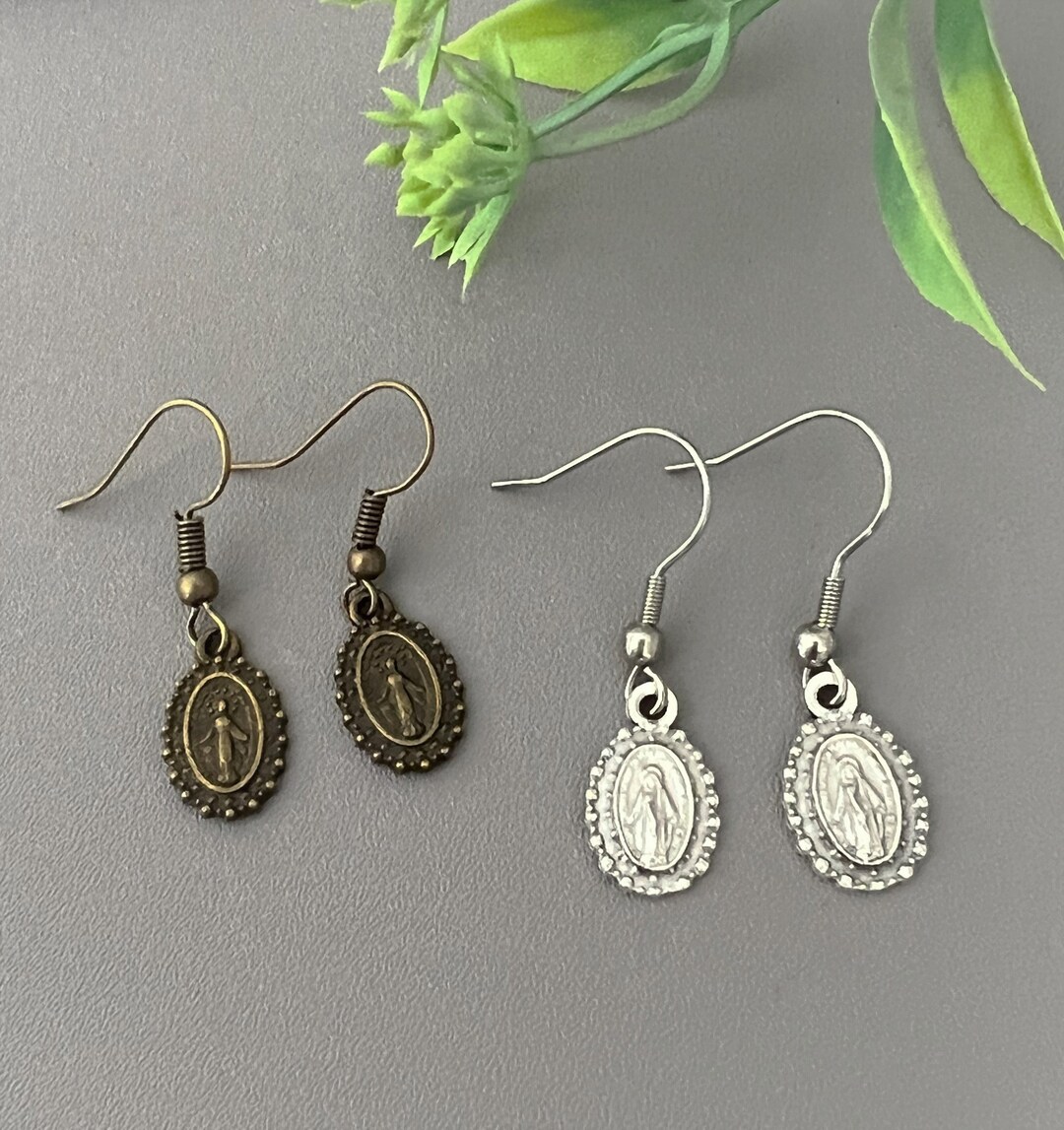Tiny Silver Miraculous Medal Earrings / Minimalist Small Bronze ...