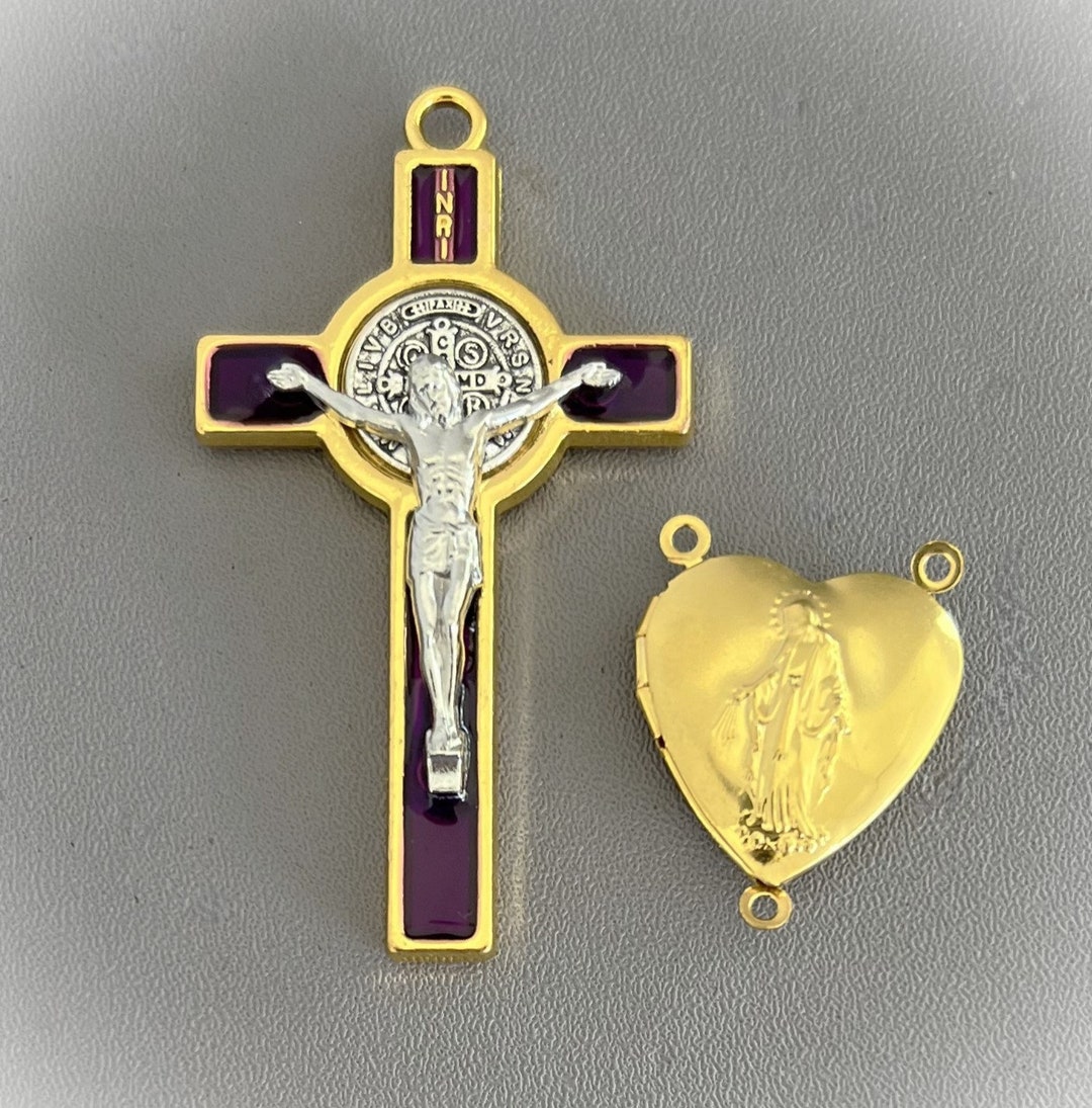 LOCKET Rosary Centerpiece & PURPLE Saint Benedict Crucifix / 2" Gold St ...