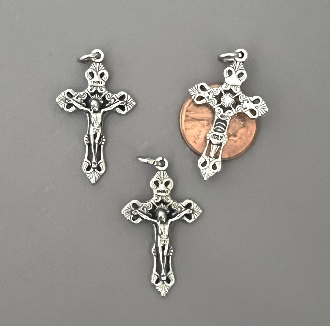 ITALY Small FILIGREE Rosary Crucifix - Silver Cross Charms Pendants ~ 1 ...
