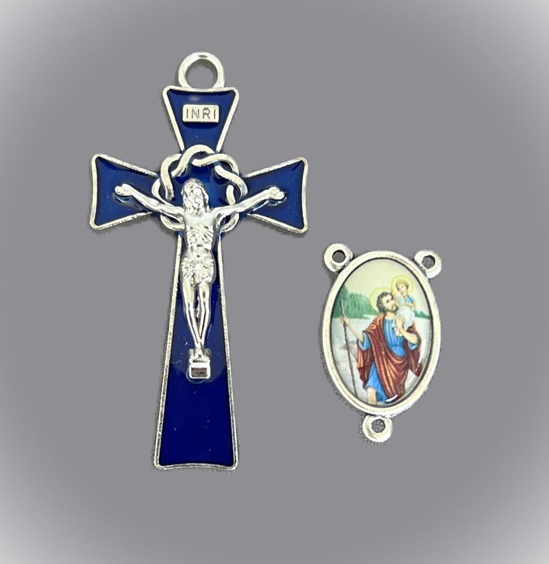 BLUE Rosary Crucifix & Saint CHRISTOPHER Centerpiece / Large Blue ...