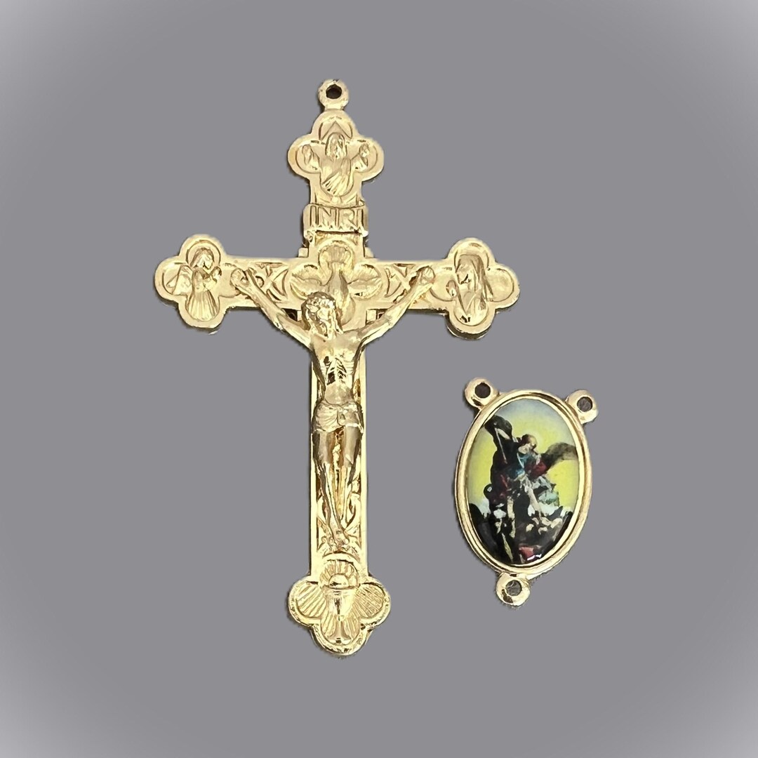 Large 2.25" Gold Liturgy Rosary Crucifix & Saint MICHAEL Center / Gold ...