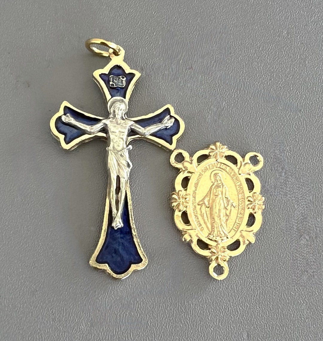 ITALY Ornate BLUE Gold Rosary Crucifix & Miraculous Medal Centerpiece ...