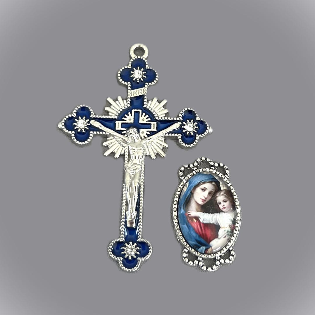 Rhinestone BLUE Rosary Crucifix & Madonna With CHILD Jesus Rosary ...