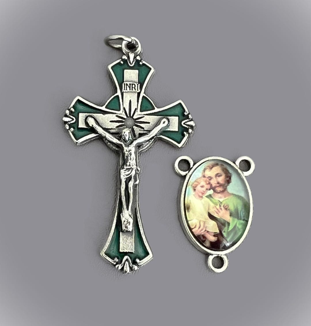 GREEN Saint JOSEPH Rosary Centerpiece & Rosary Crucifix / Silver Cross ...